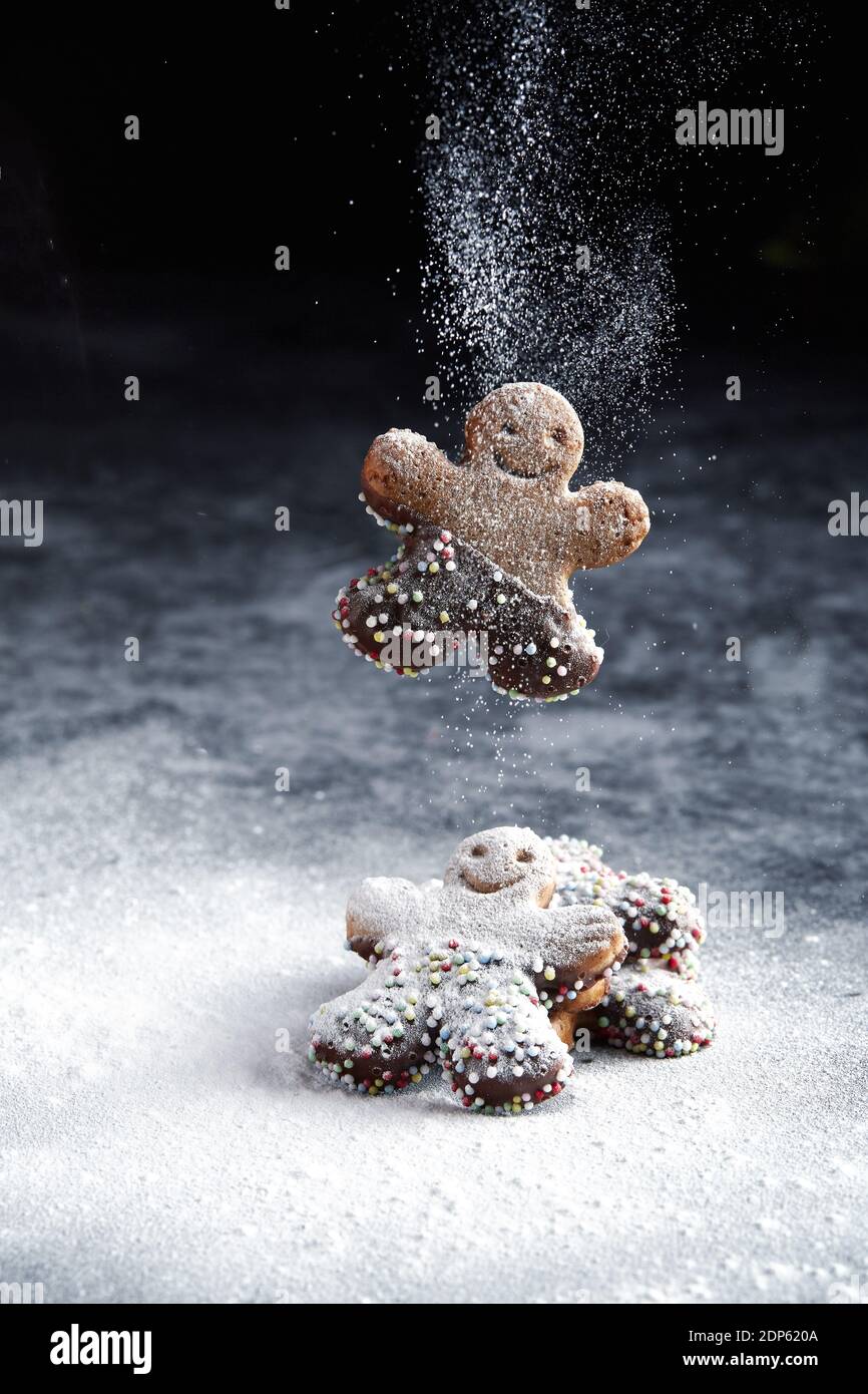 Two gingerbread man cookies with happy faces in snowy Christmas scene ...