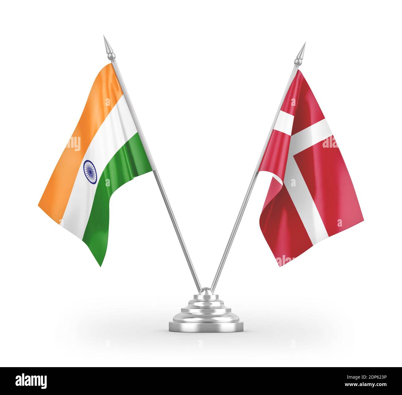 Denmark and India table flags isolated on white 3D rendering Stock ...