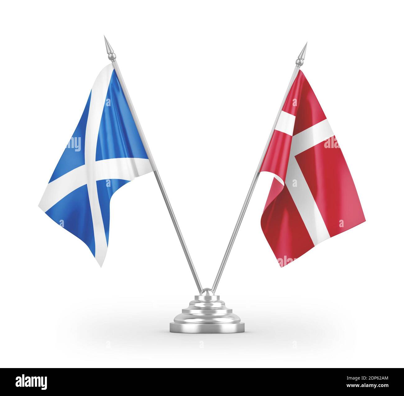 Denmark and Scotland table flags isolated on white 3D rendering Stock ...