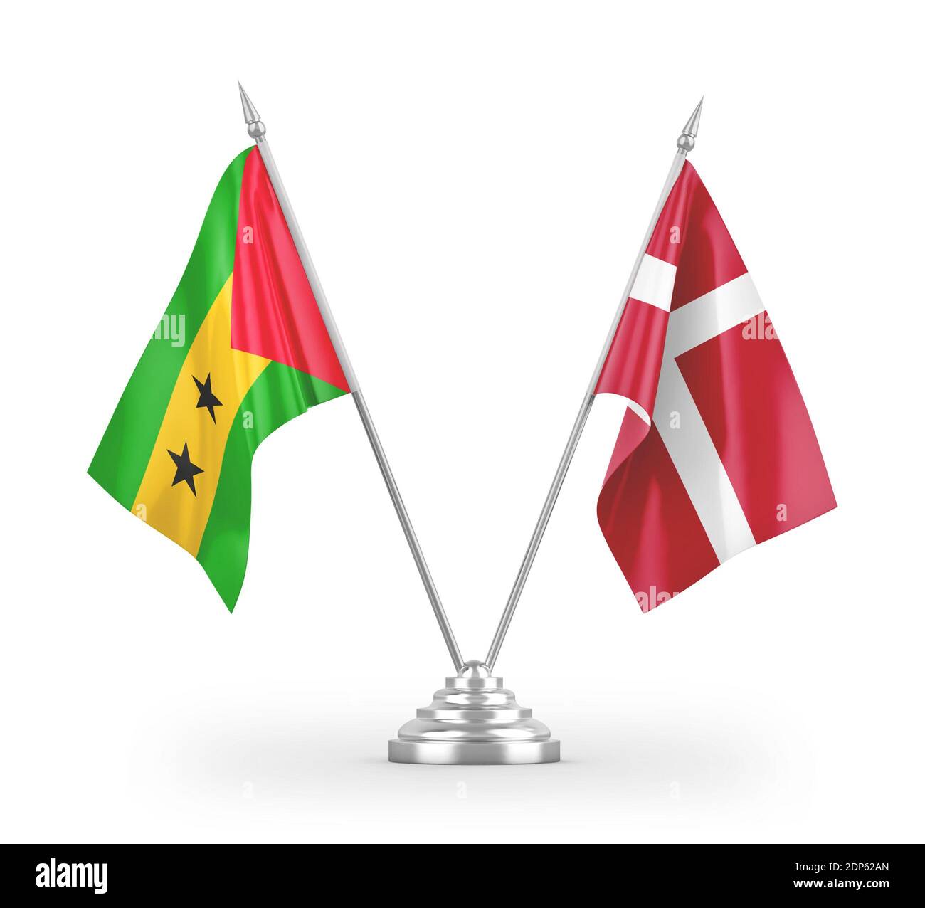 Denmark and Sao Tome and Principe table flags isolated on white 3D ...