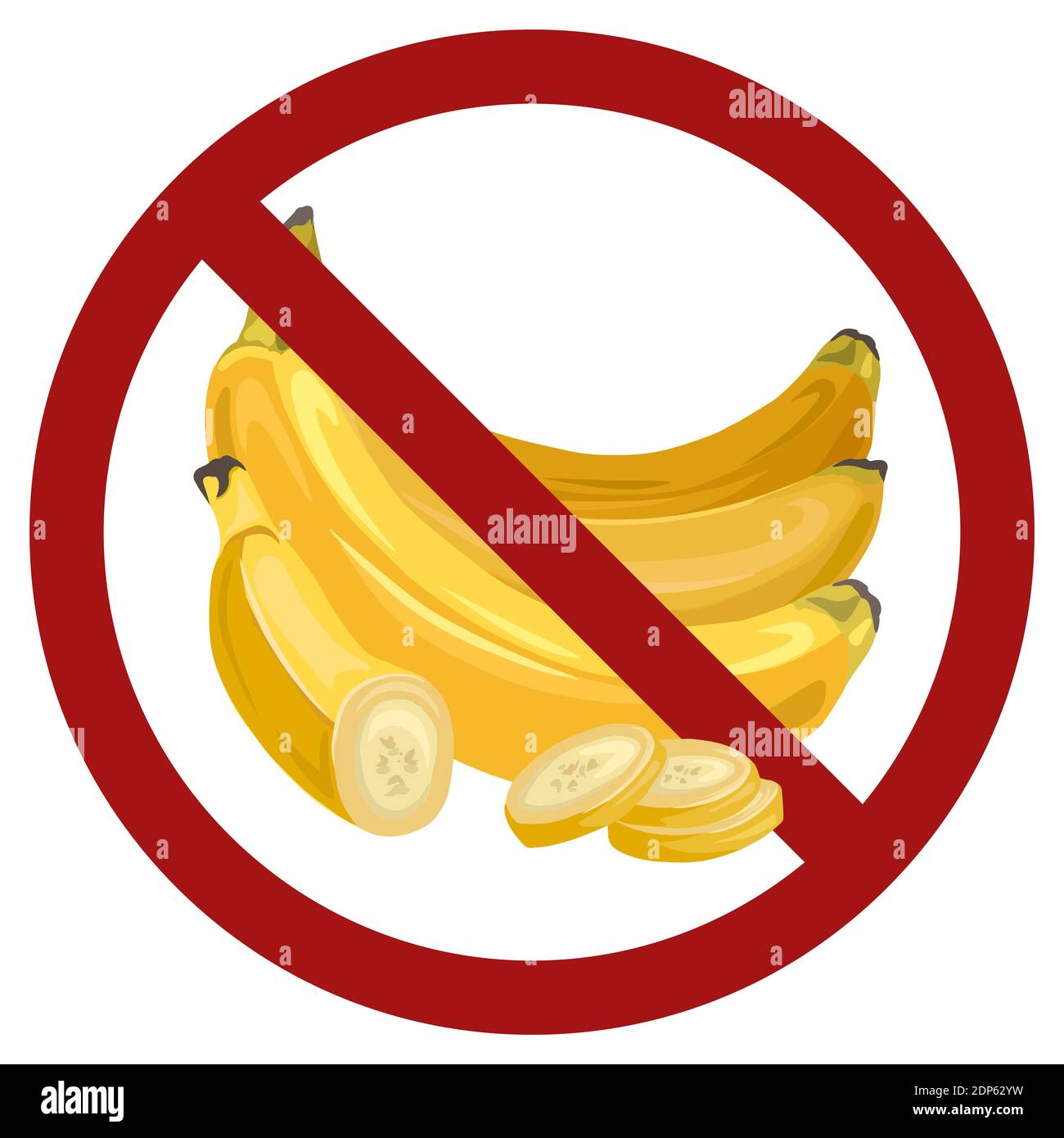 Bunch of cartoon banana in red prohibition sign. Danger of allergies ...
