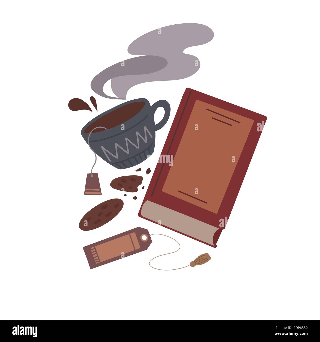 Cozy evening reading of books. Flat illustration of a book, a cup of ...
