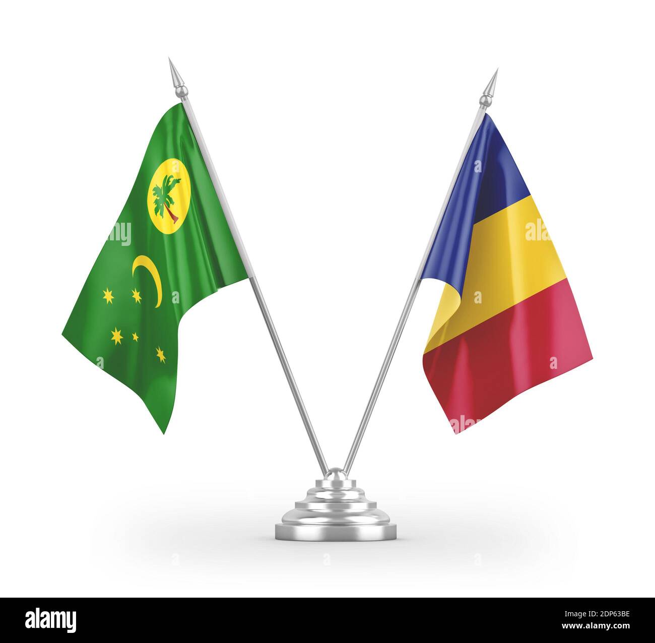 Romania and Cocos Keeling Islands table flags isolated on white 3D ...