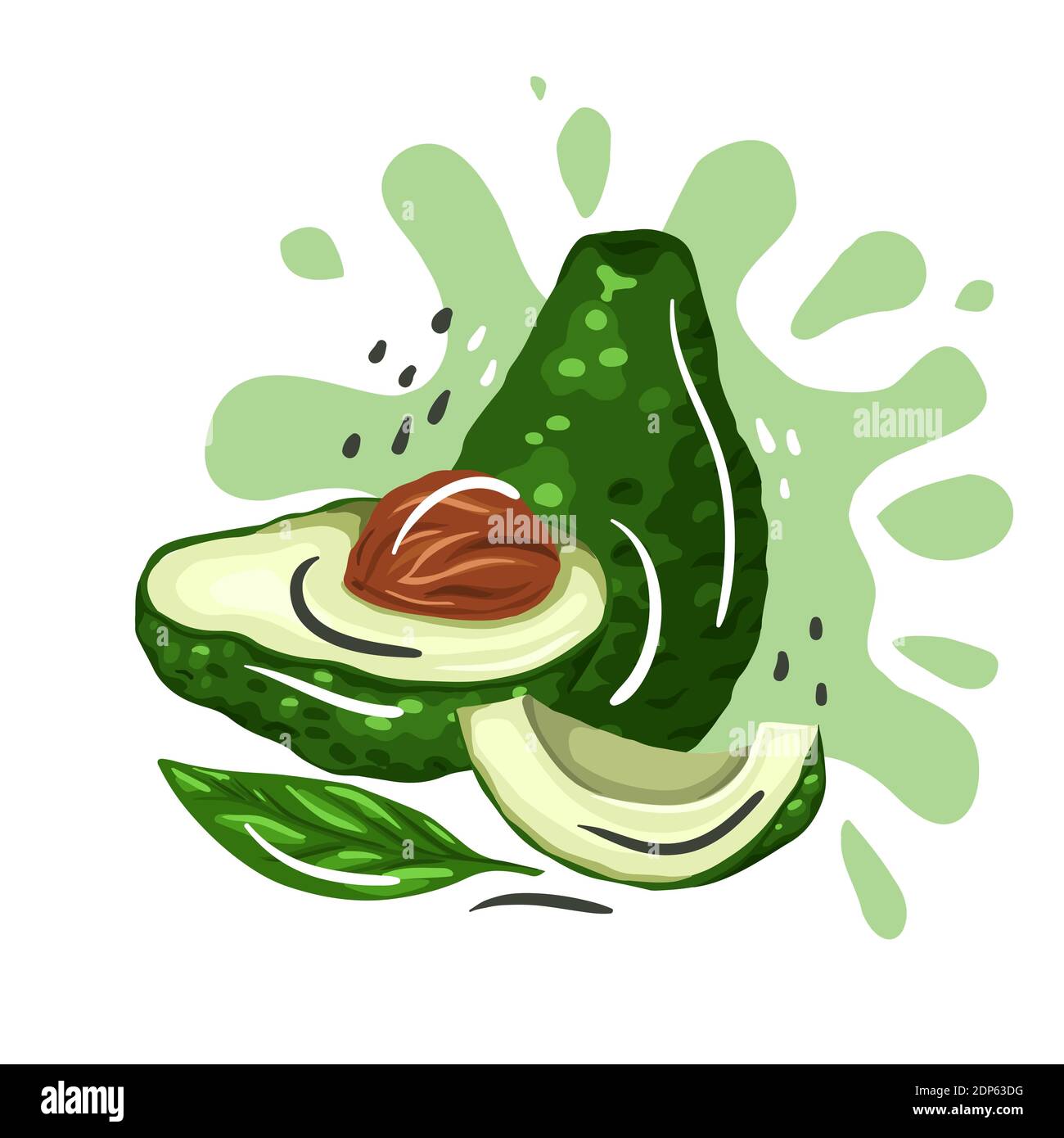 Hand drawn flat avocado with abstract lines and dots on green splash ...
