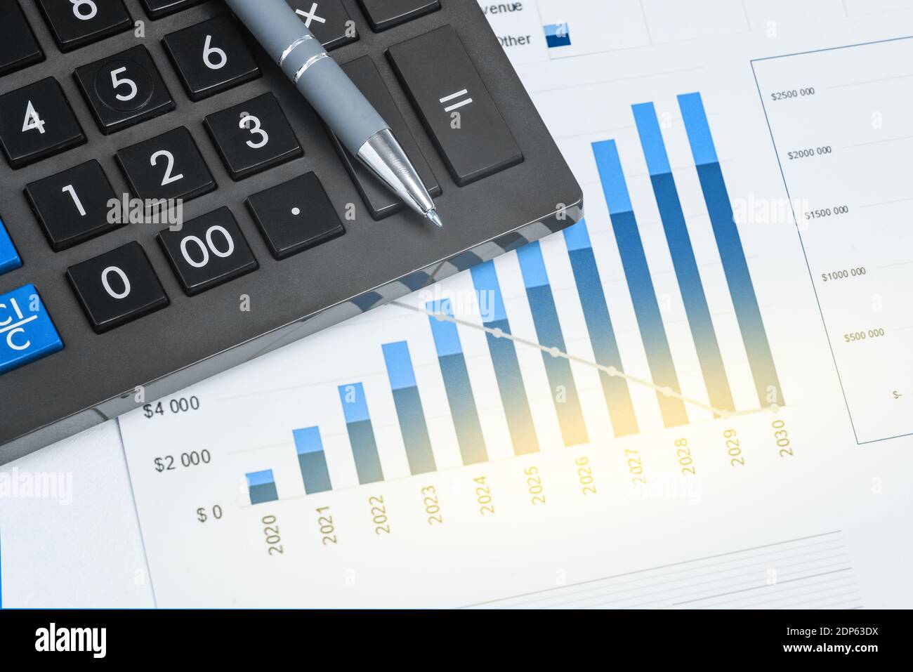 Accounting. Close-up calculator, diagram and pen. Business and finance ...