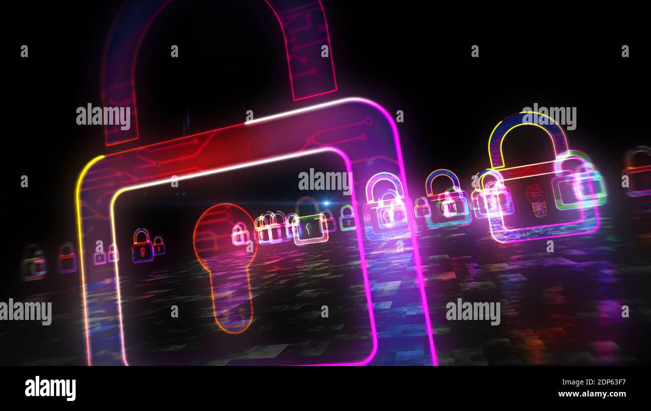 Cyber security concept with padlock symbol, computer protection and system safety icon ...