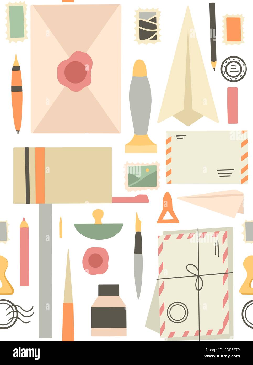 Seamless geometric pattern of various supplies of old letters and mail ...