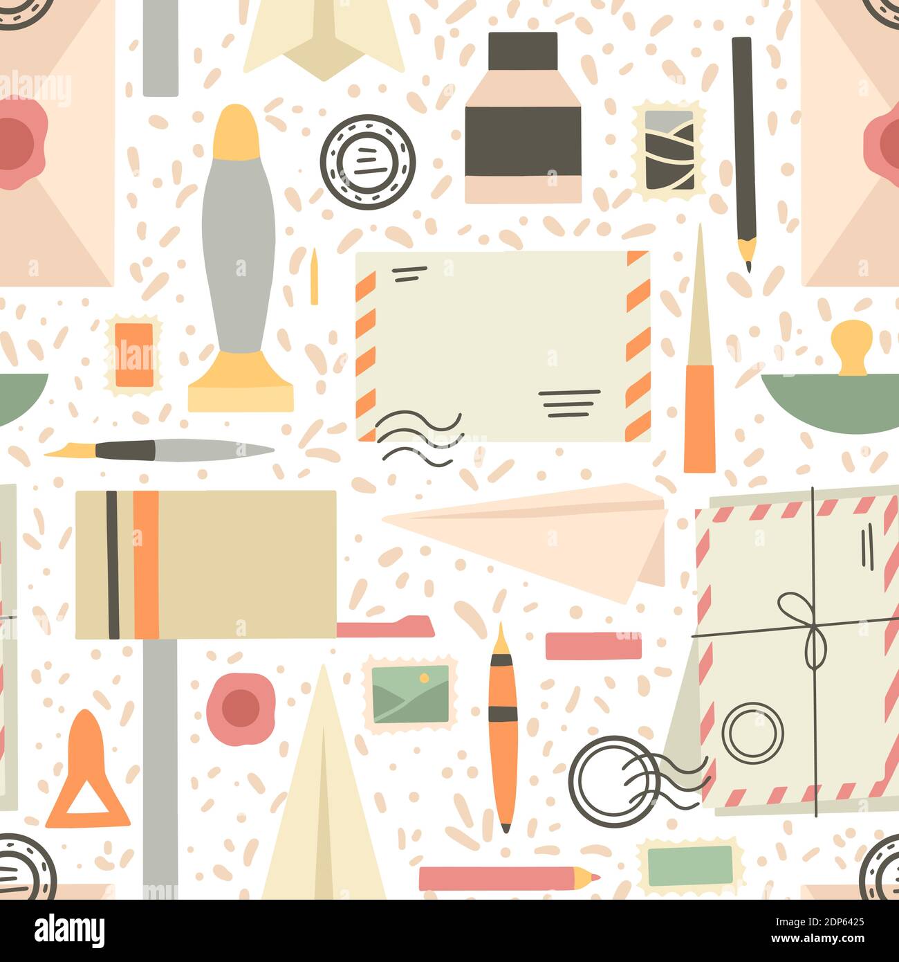 Seamless pattern of various supplies of old letters and mail with dots ...