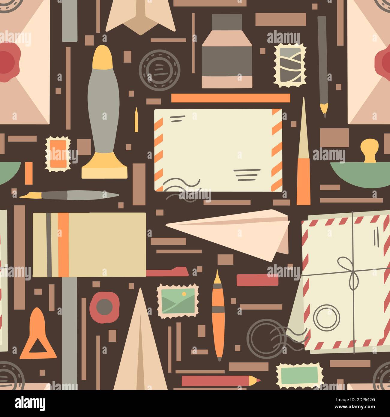 Seamless pattern of various supplies of old letters and mail with dots ...