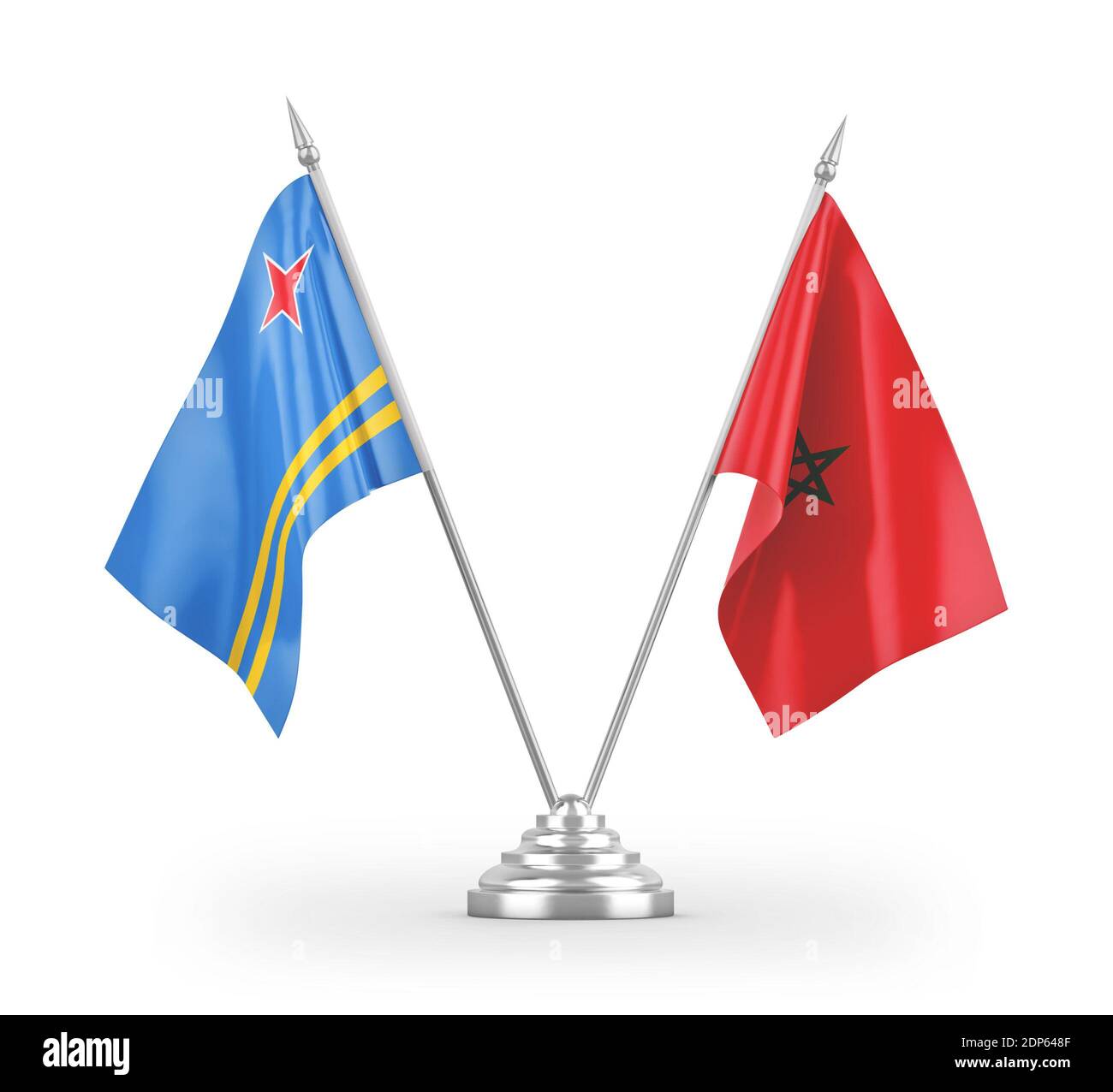 Morocco and Aruba table flags isolated on white 3D rendering Stock ...