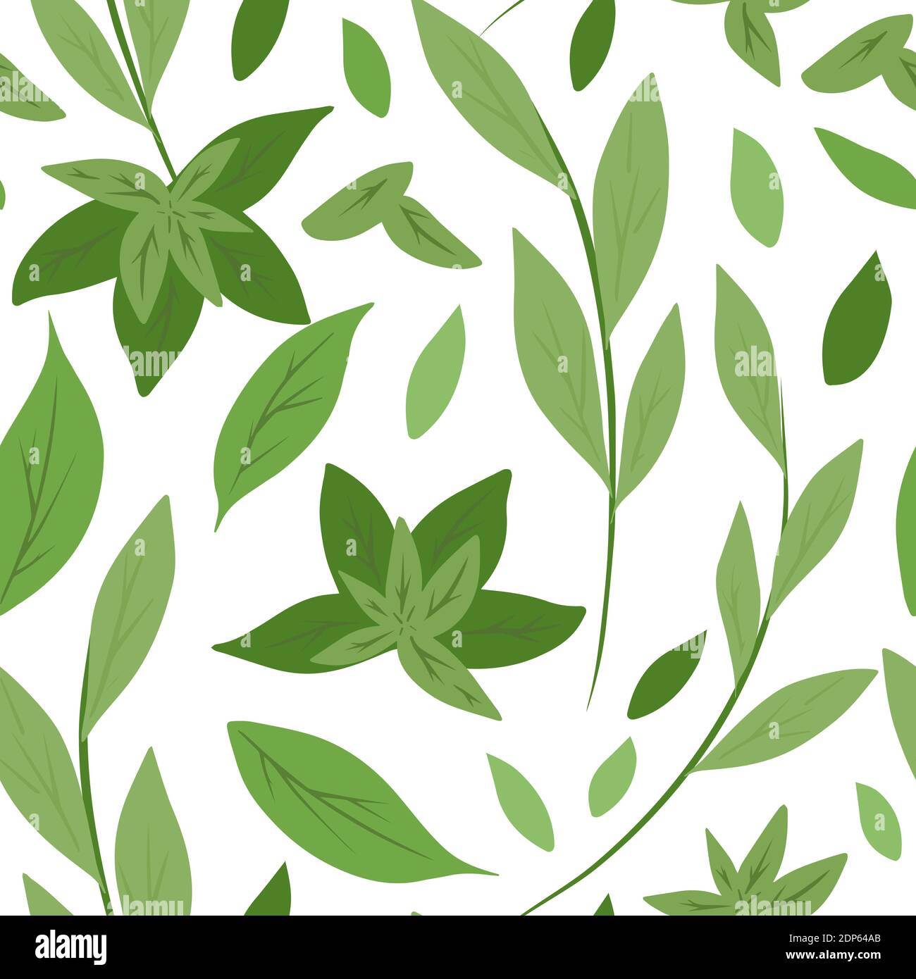 Seamless Pattern With Simple Green Leaves And Branches On A White