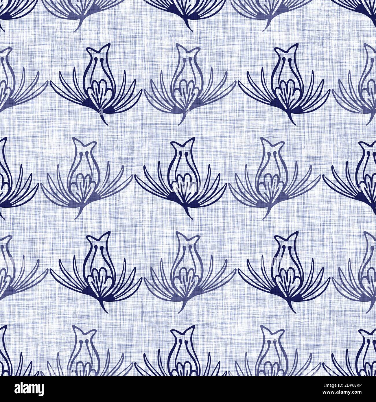 Indigo blue flower block print dyed linen texture background. Seamless ...