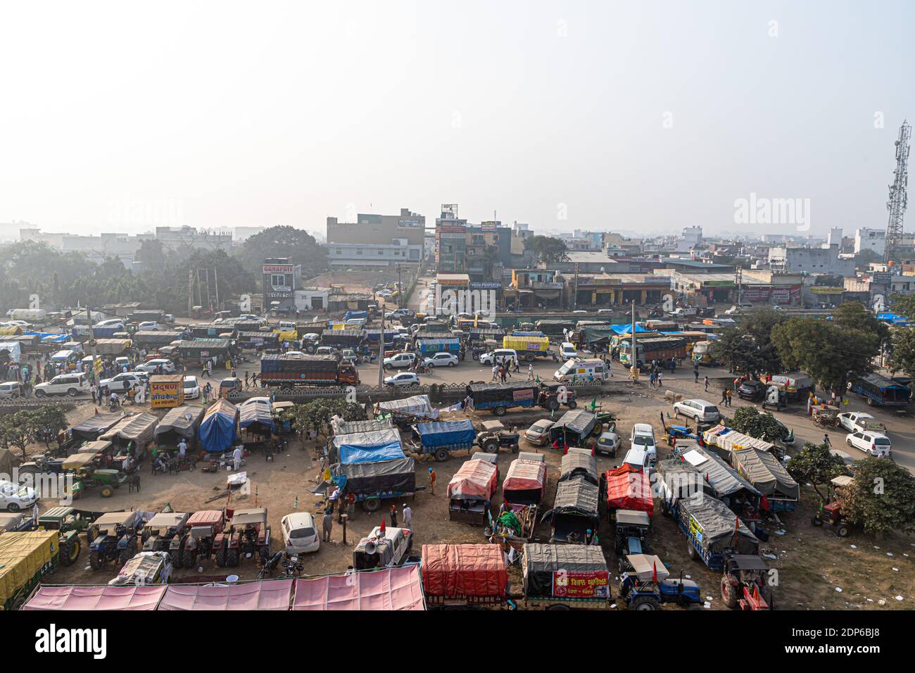 aerial view of singhu border.farmers are protesting against new farm ...