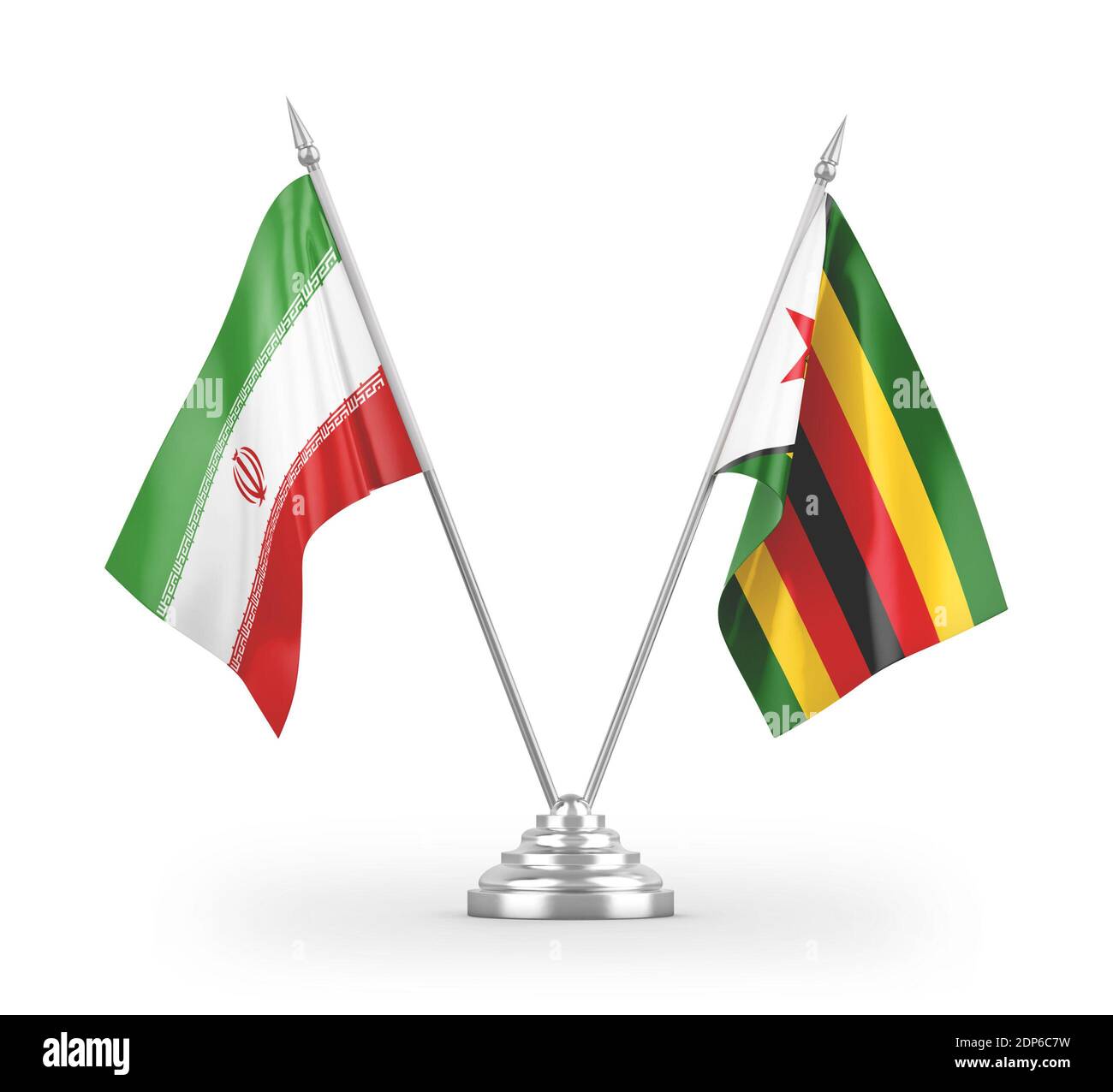 Zimbabwe and Iran table flags isolated on white 3D rendering Stock ...