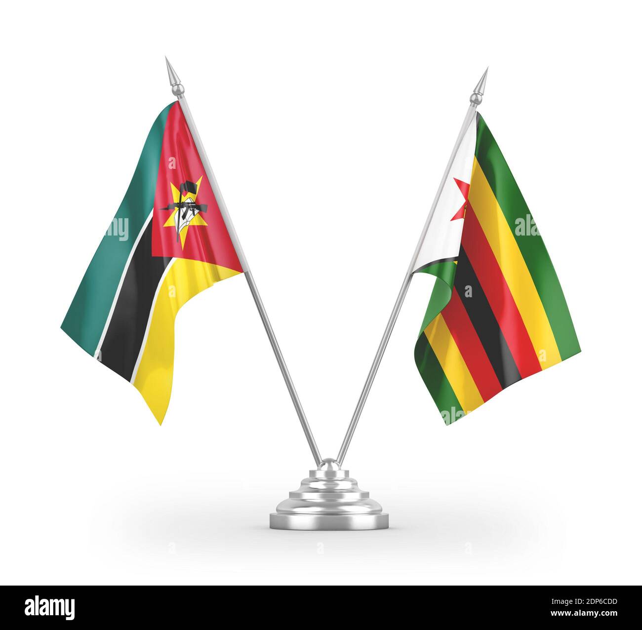 Zimbabwe and Mozambique table flags isolated on white 3D rendering ...