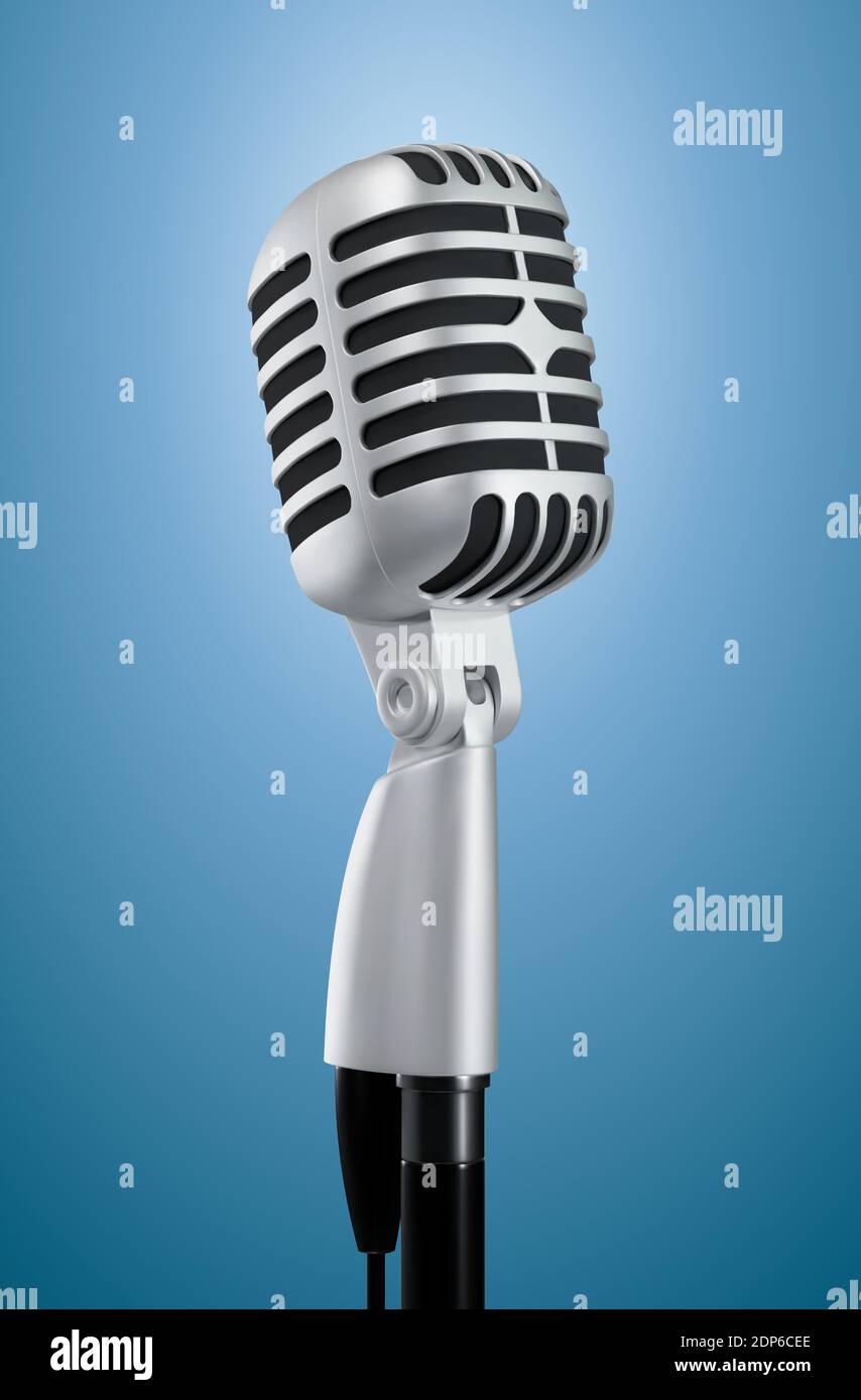 Realistic microphone metallic vintage style on blue lit background ...