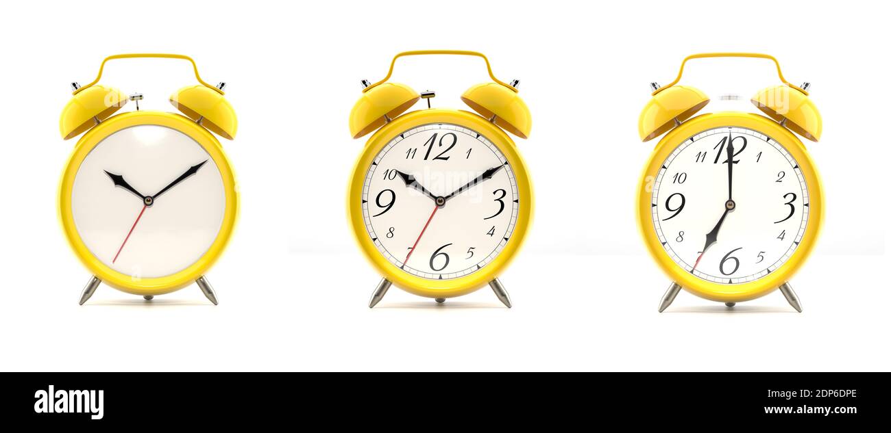 Set of 3 alarm clocks isolated on white background. Vintage style ...