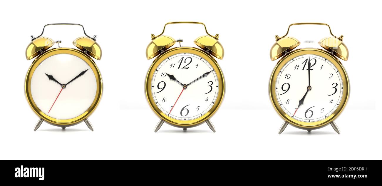 Set of 3 alarm clocks isolated on white background. Vintage style ...