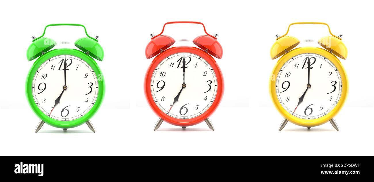 Set of three vintage alarm clocks in green, red and yellow, with ...