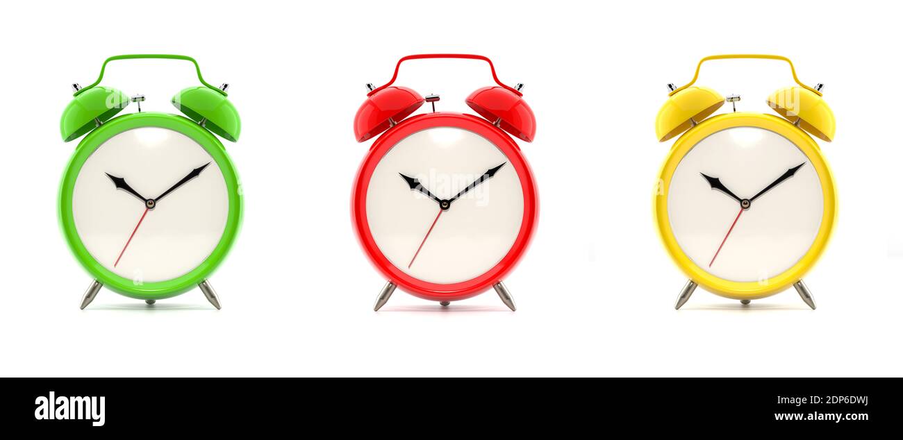 Set of three vintage alarm clocks in green, red and yellow, without ...