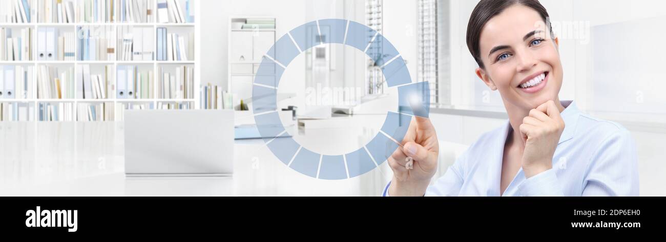 office business work concept, hand of smiling woman touch screen empty ...