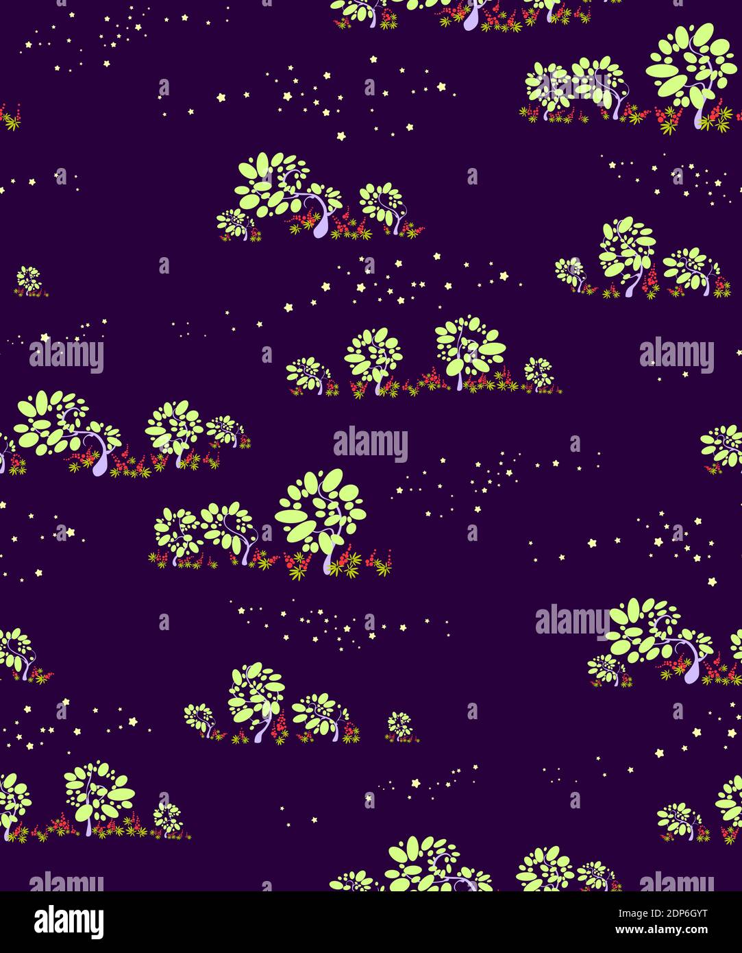 Seamless Pattern with forest landscape and stars and purple background ...
