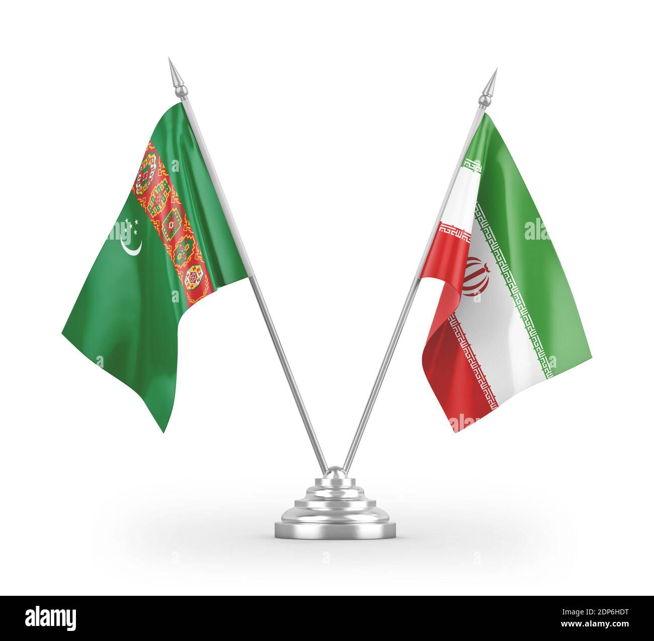 Iran and Turkmenistan table flags isolated on white 3D rendering Stock ...
