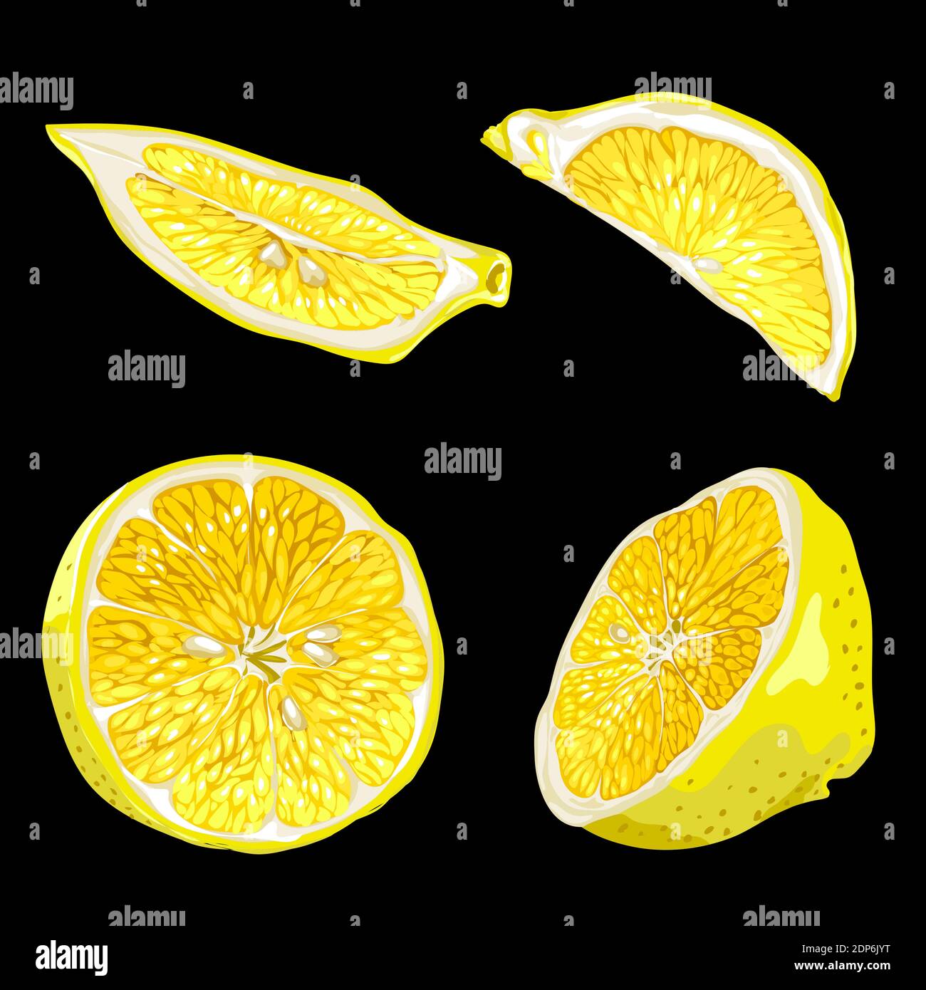 Set with parts of lemon fruit in different forms and shapes. There are ...