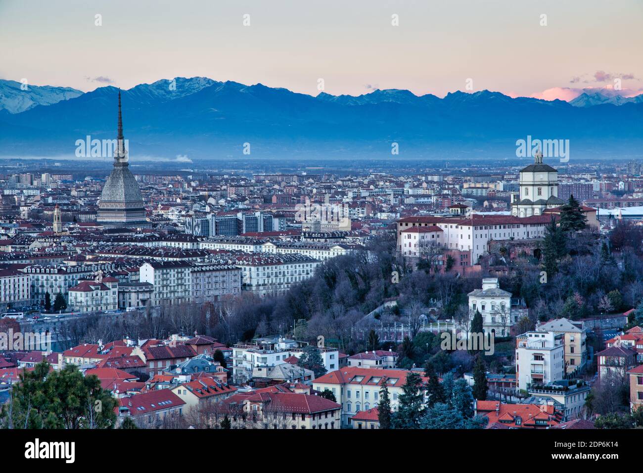 TURIN, ITALY - CIRCA AUGUST 2020: panoramic view with skyline at sunset ...