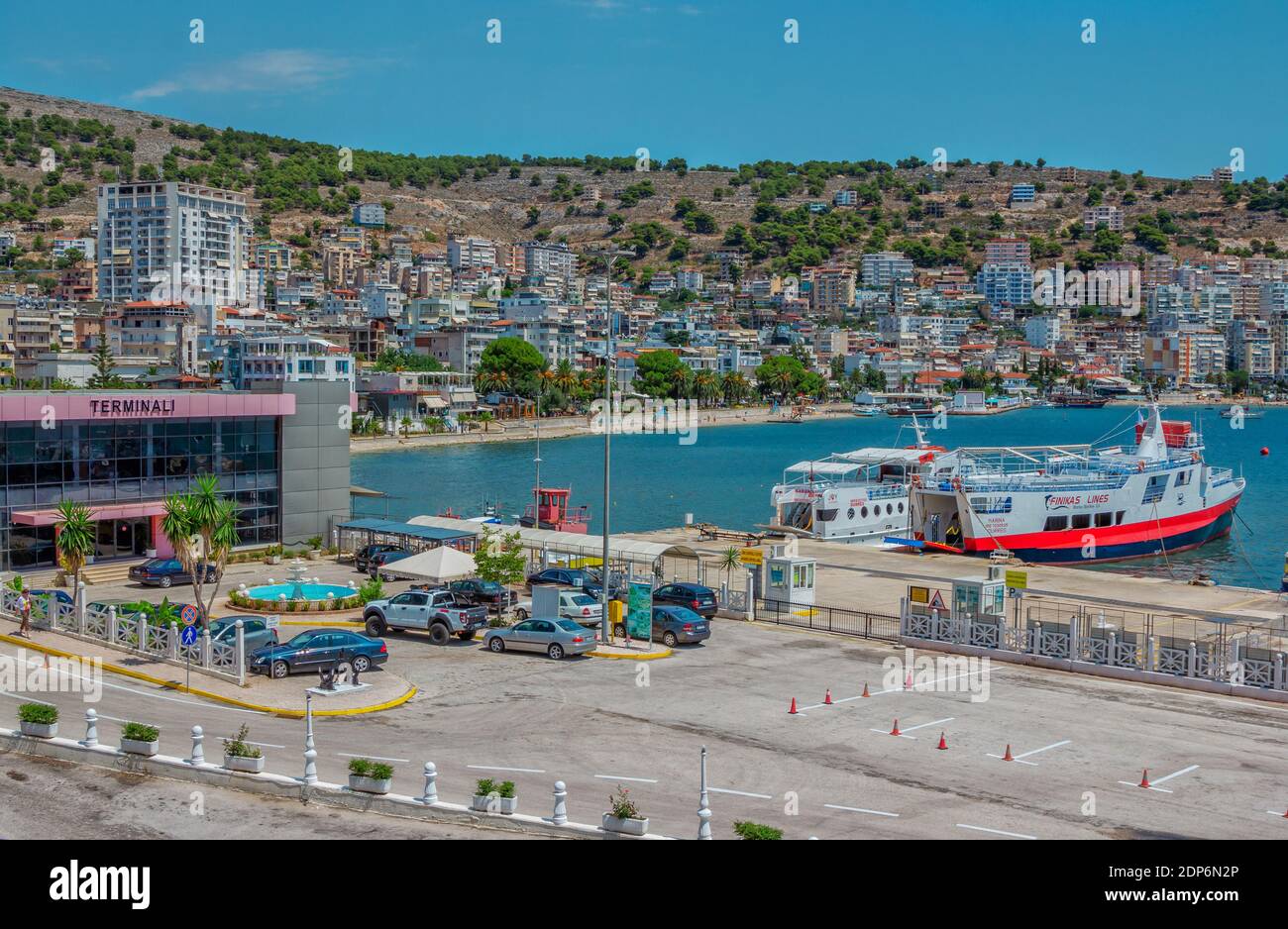 Saranda, Albania - August 5, 2020: city harbor - sea bay with calm ...