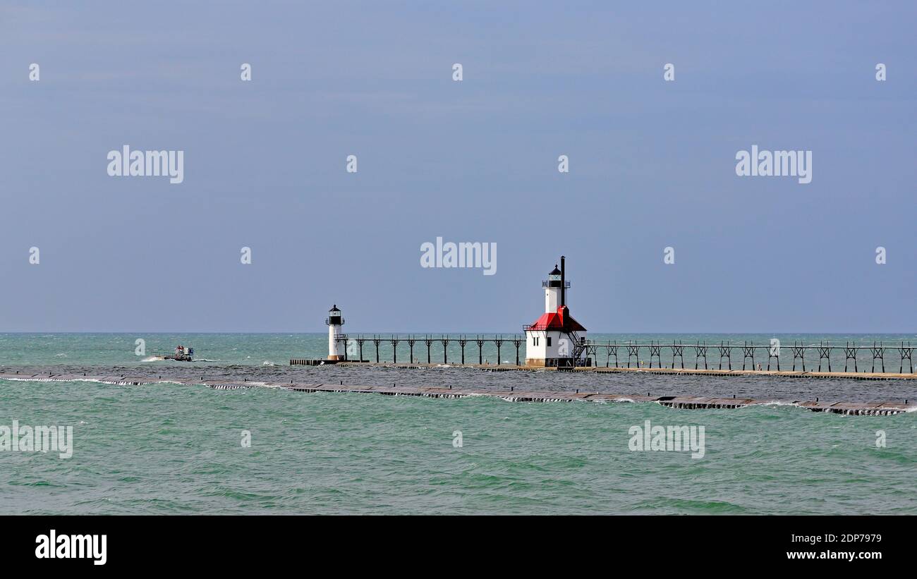 Entrance to the St. Joseph Michigan harbor with the break-walls ...