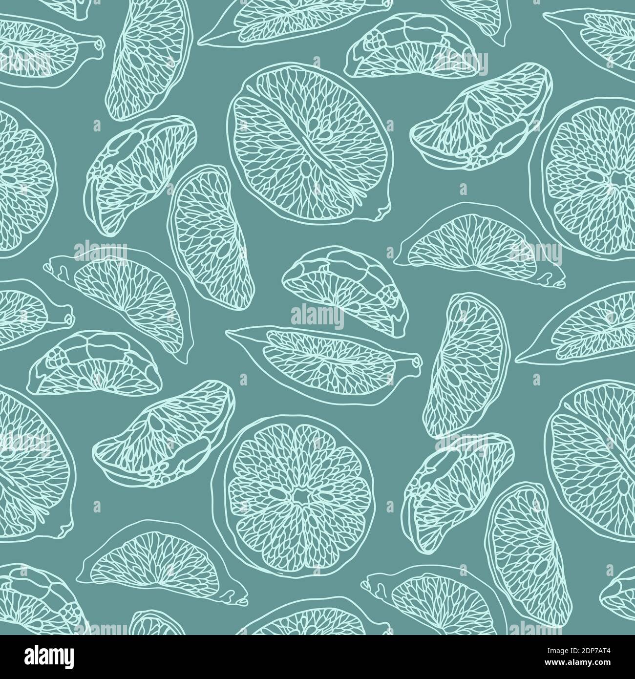 Graphic vector seamless pattern with citrus slices in light blue colors ...