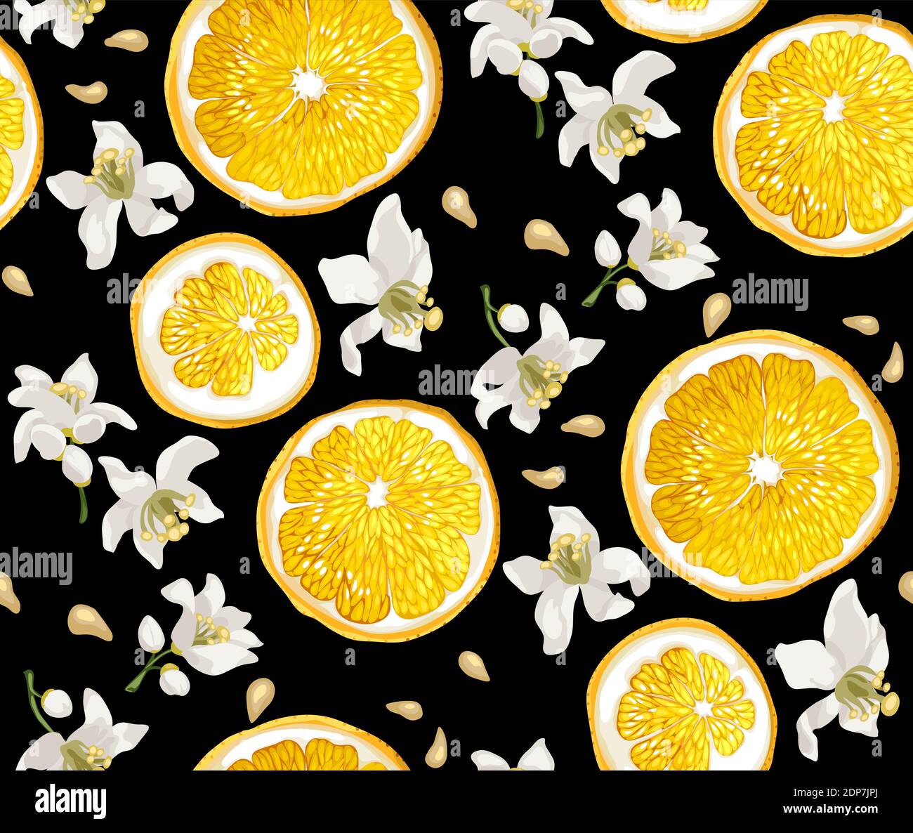 Seamless pattern with circle slices of citrus fruit, seeds and blooming ...