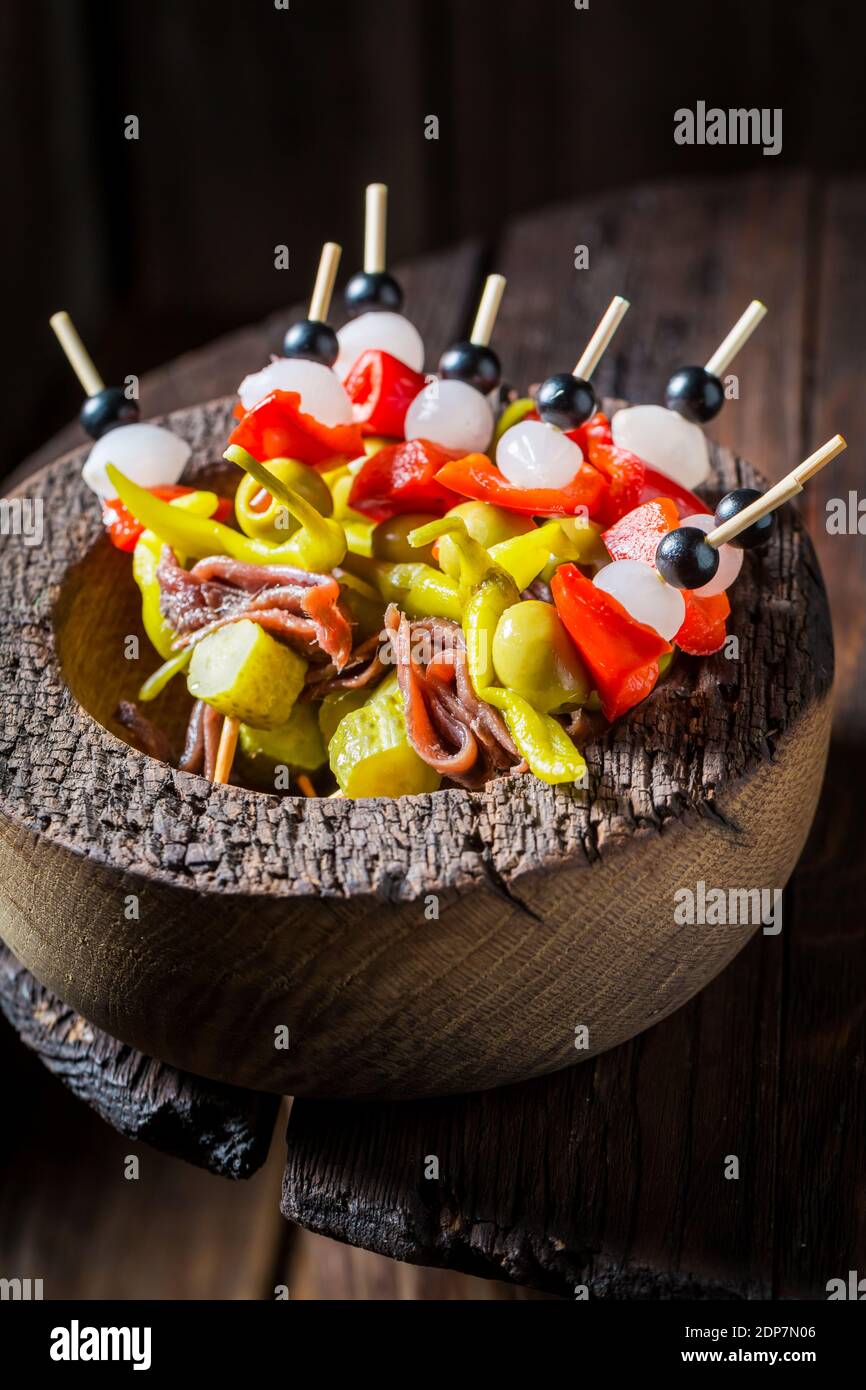Homemade banderillas made of anchovies, peppers and onion for spanish ...