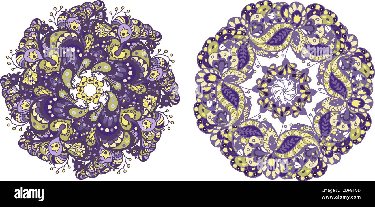 set of 2 circle pattern elements in purple and golden colors for ...