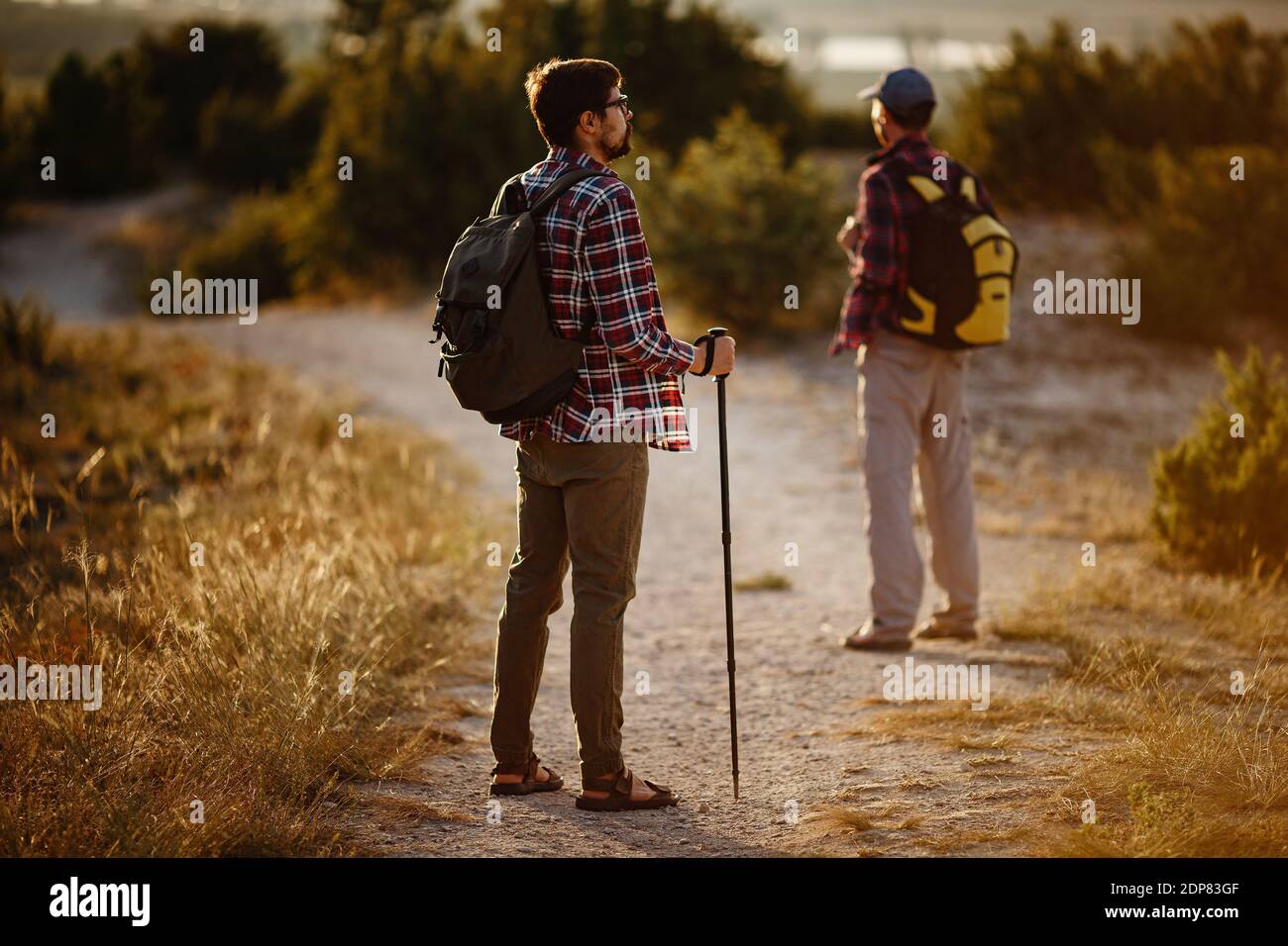 two men hikers enjoy a walk in nature, sunset time in summer. enjoying ...