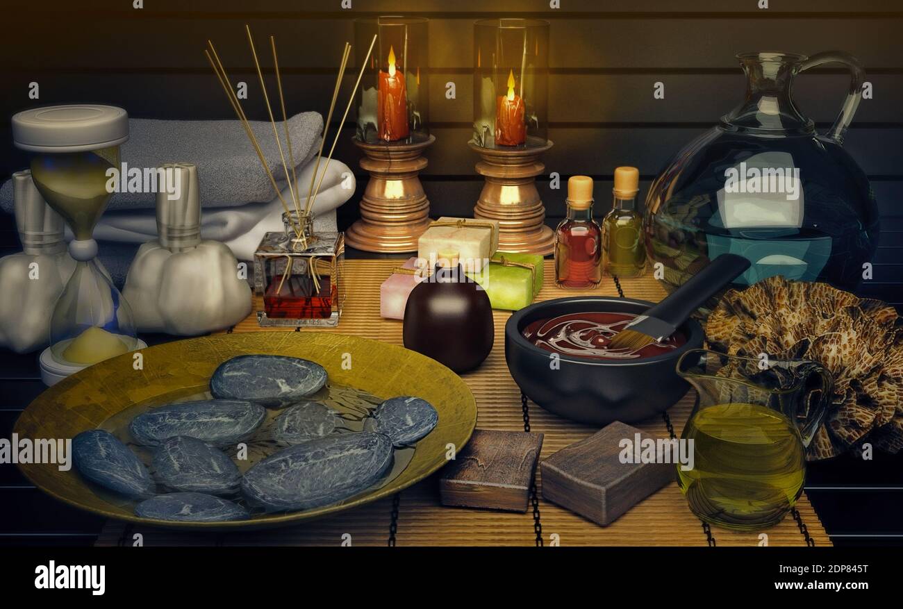 Pampering. Spa procedures with essence oil, natural soap, soft towel ...