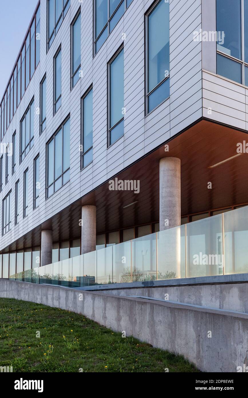 A close-up view of the exterior facade of a small generic building ...
