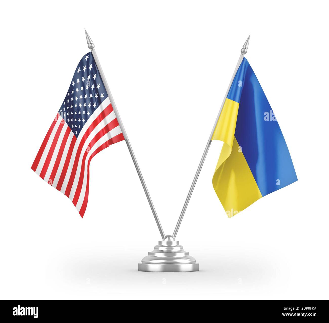 Ukraine and United States table flags isolated on white 3D rendering ...