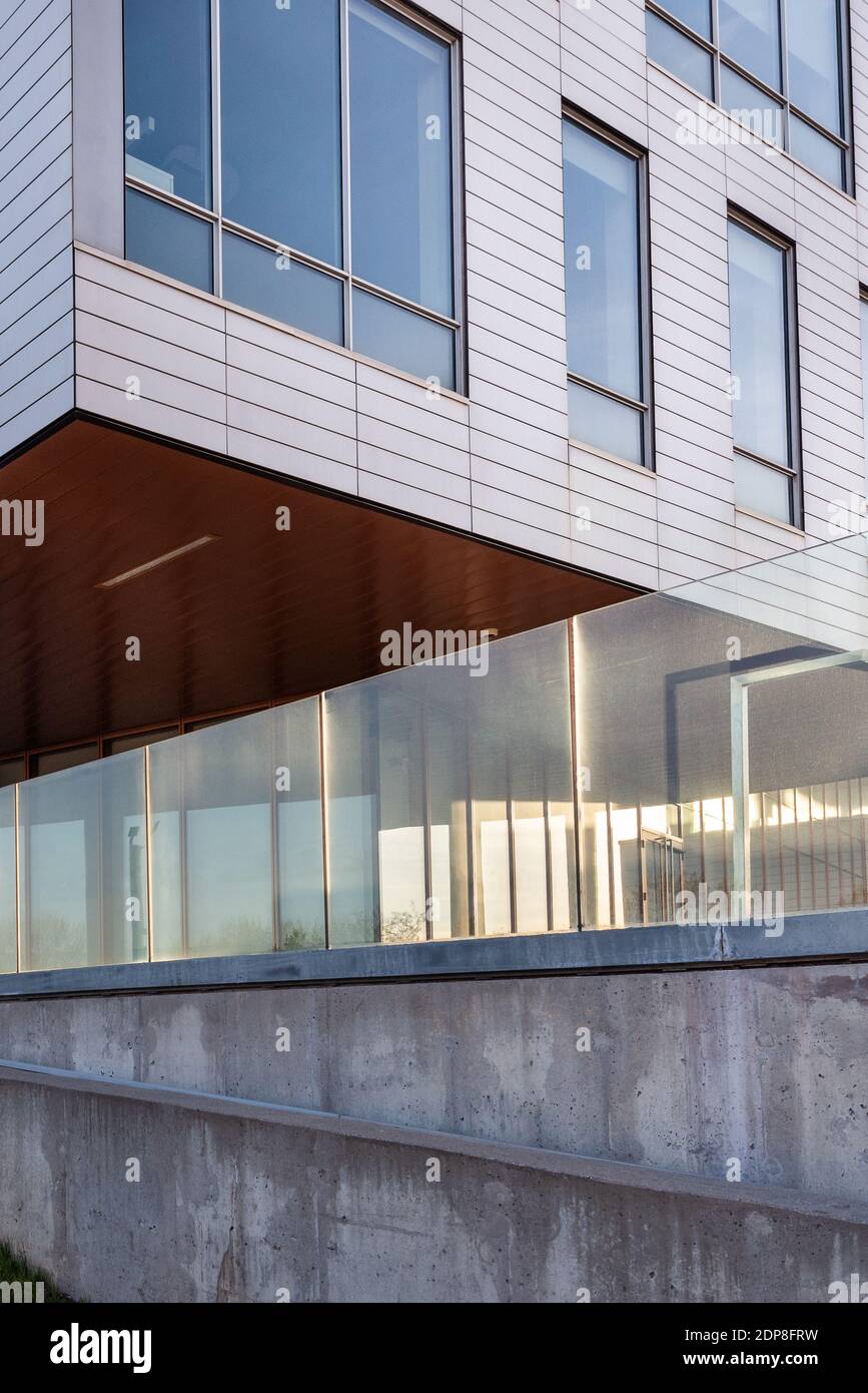 A close-up view of the exterior facade of a small generic building ...