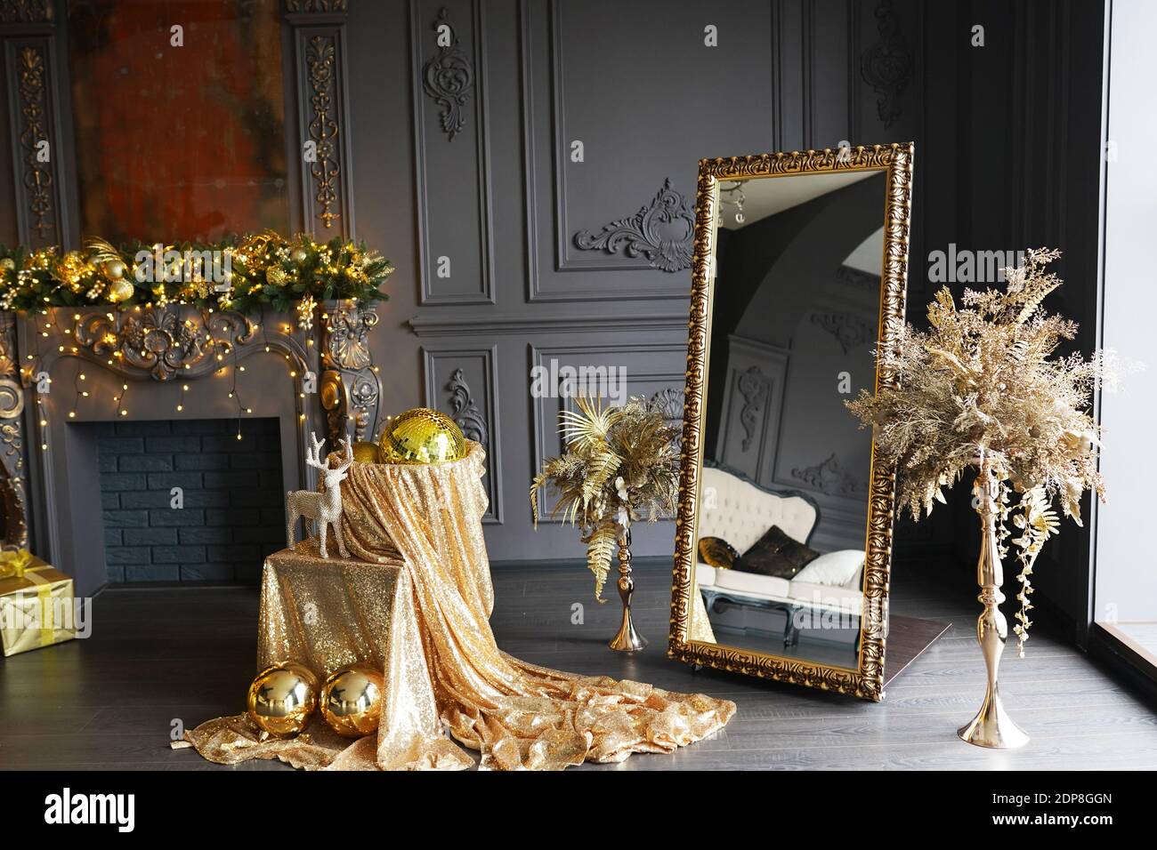 Decorated Christmas, New year room with beautiful gold decorations and ...