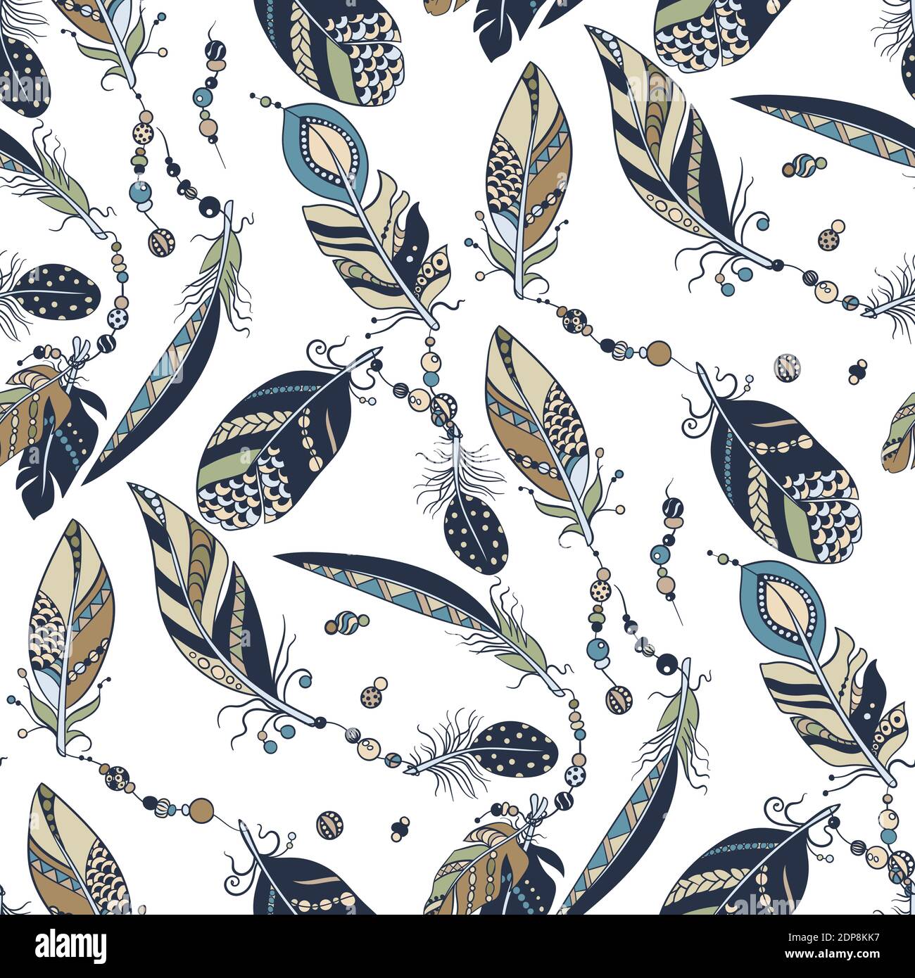 Tribal native seamless pattern with feathers and beads in vector ...