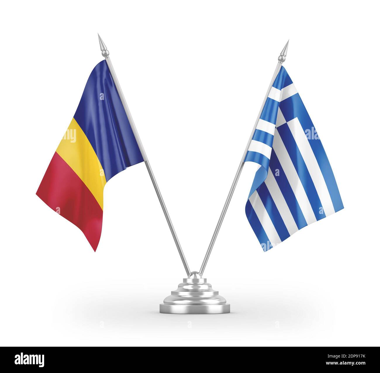 Greece and Romania table flags isolated on white 3D rendering Stock ...
