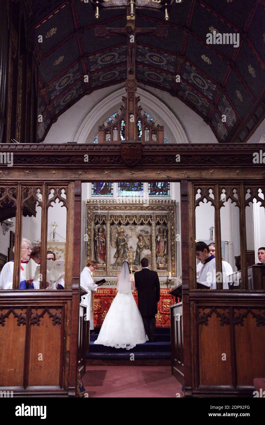 Traditional Christian religious church wedding ceremony with bride in ...