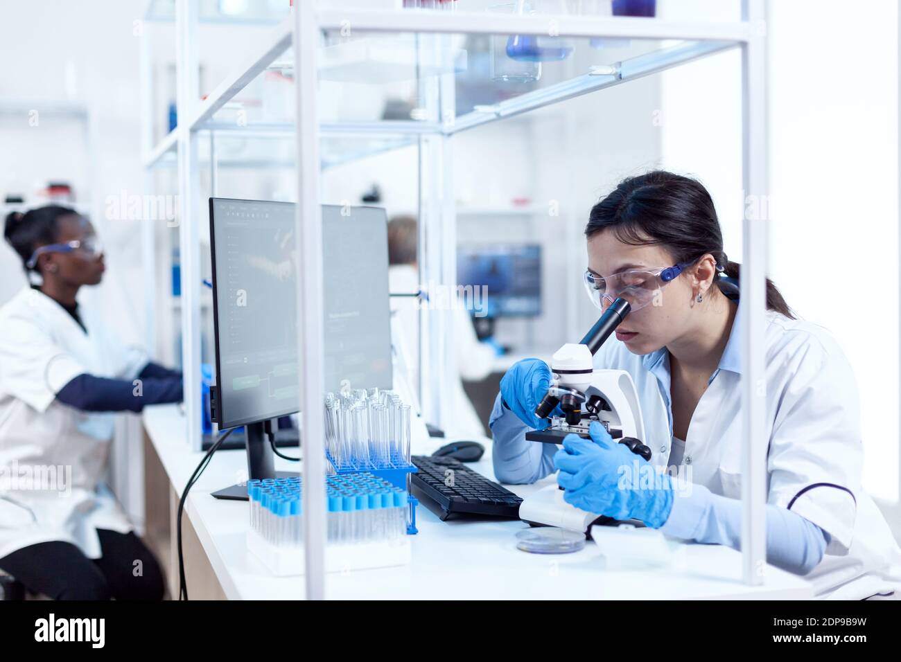 Expert in in genetics doing research using microscope and african ...