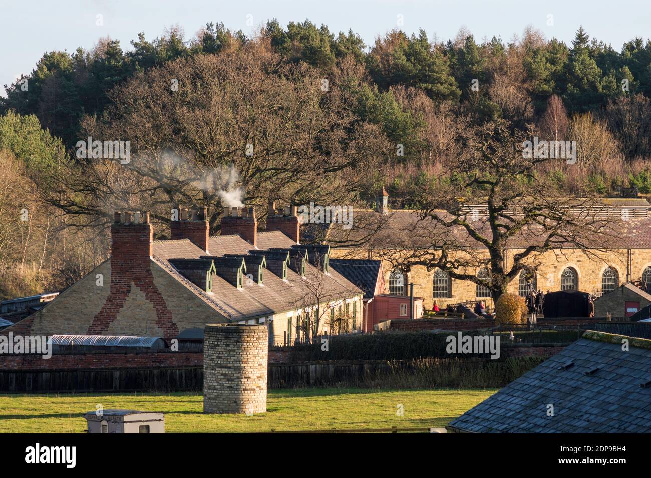 A view of the pit village at Beamish Museum showing the row of miners ...