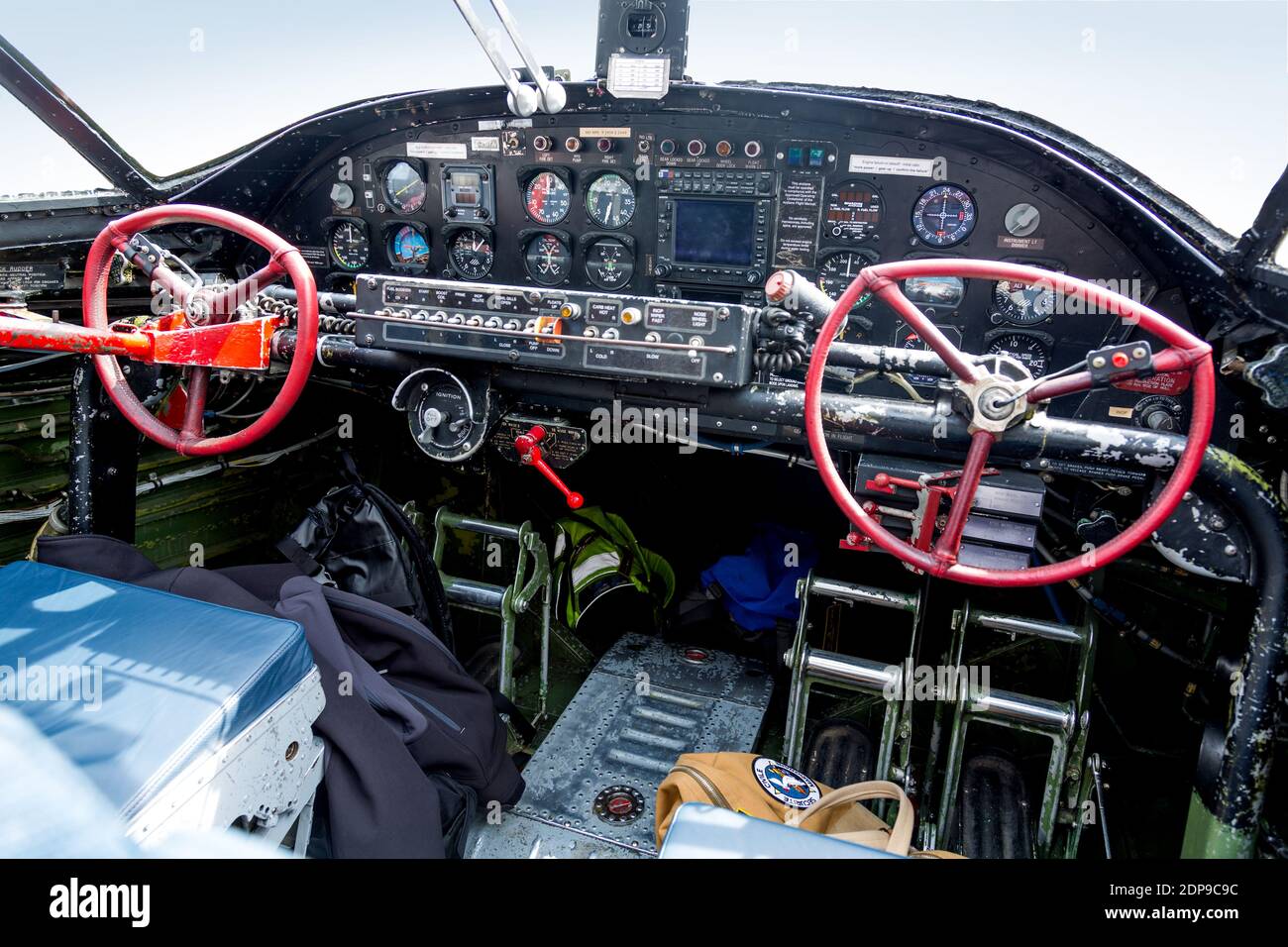 An interior view of the cockpit and flight instrumentation of a ...