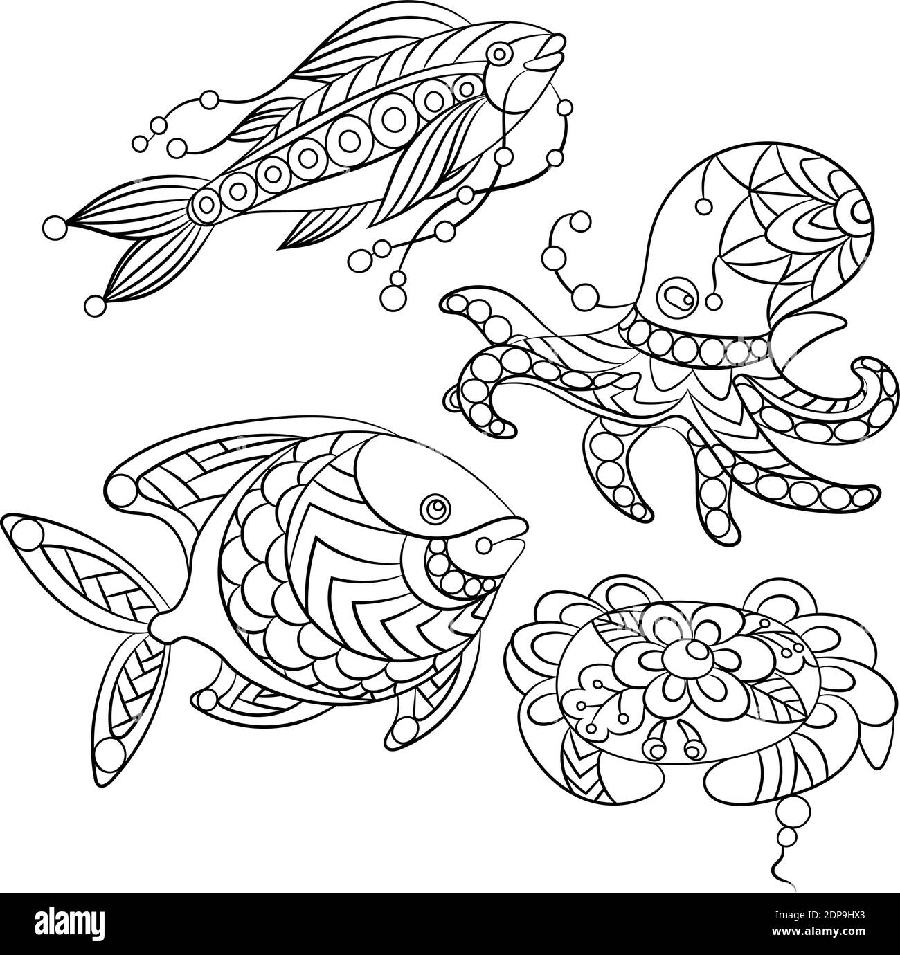 Set of sea animals in vector graphic illustration in coloring pages for ...