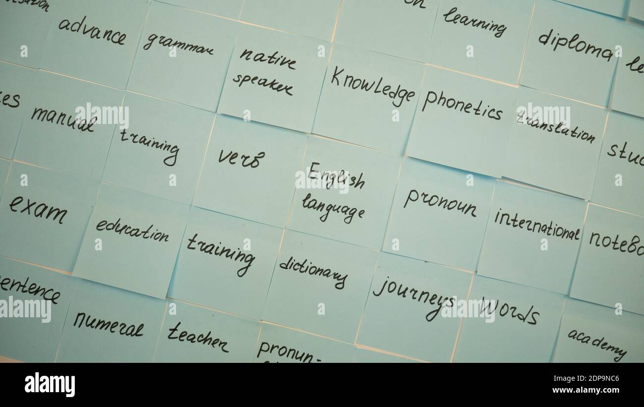 Learning english tags on stickers. Memo information concept, blue ...