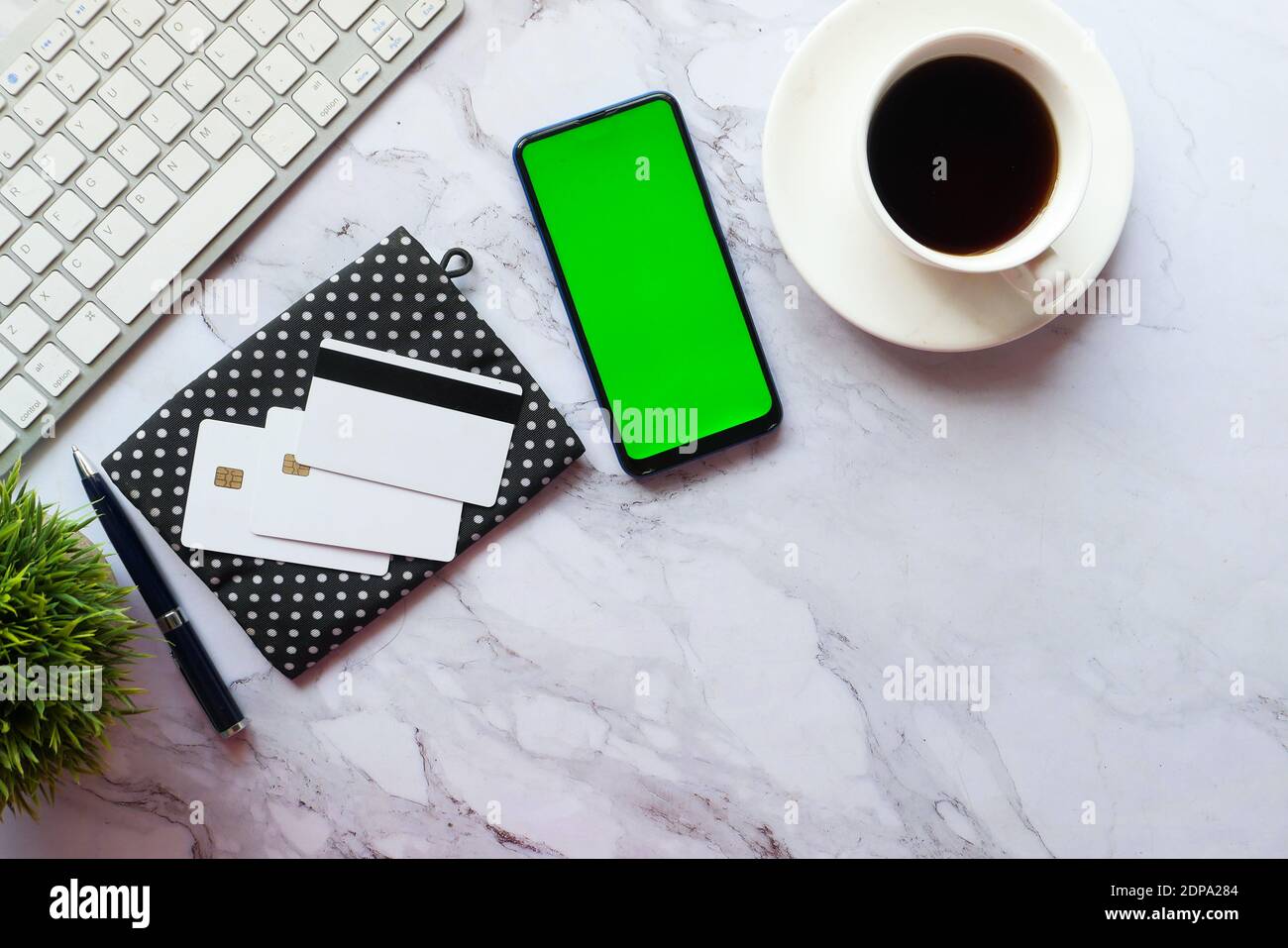 top view of smart phone and credit cards on tiles background Stock ...